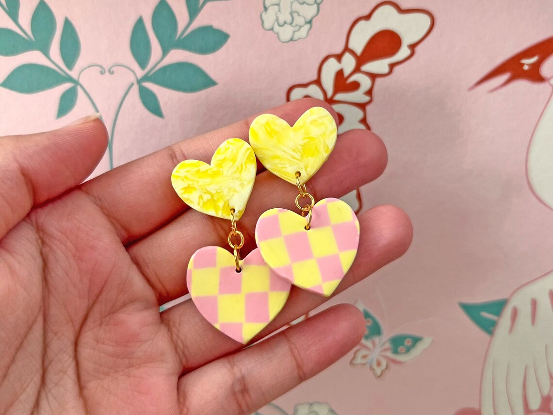 Checkered Heart Earrings, Stacked Heart Earrings, Crystal Yellow Heart ...