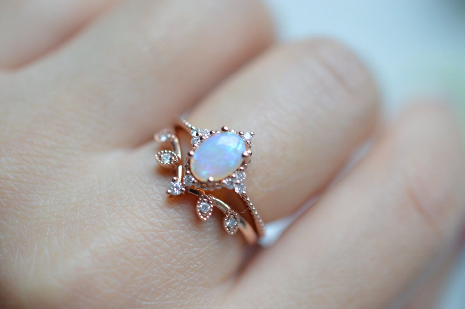 Opal Wedding Rings Diamond Opal Engagement Ring Rose Gold Opal - Etsy