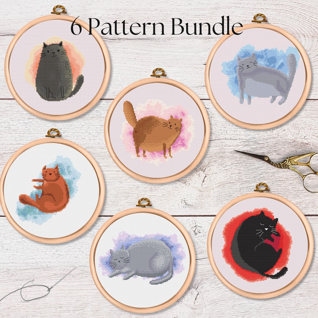 Chubby Fat Cats Cross Stitch Pattern Bundle, Set of 6, Chubby Cat Cross ...