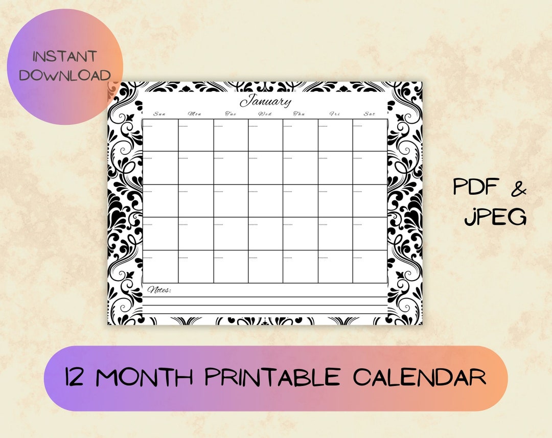 Black & White Damask Border Printable 12 Month Calendar Blank - Etsy