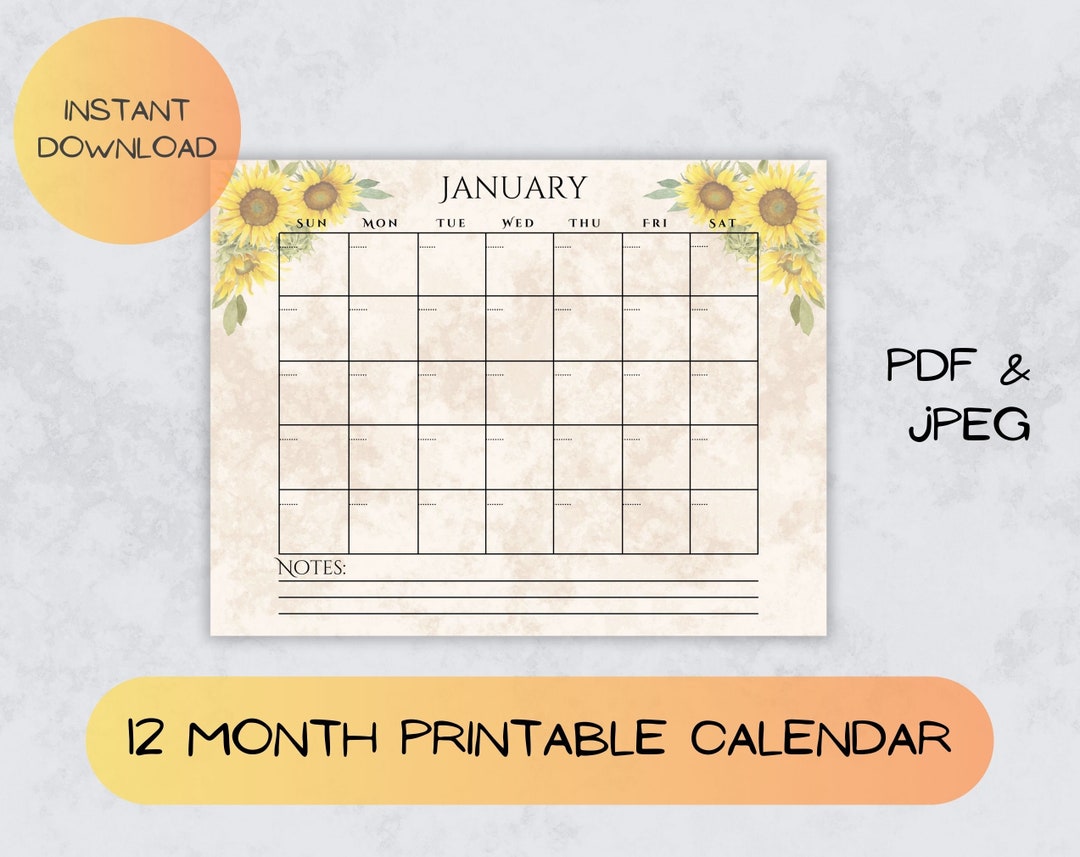 Sunflowers Printable 12 Month Calendar, Blank Calendar, Horizontal ...