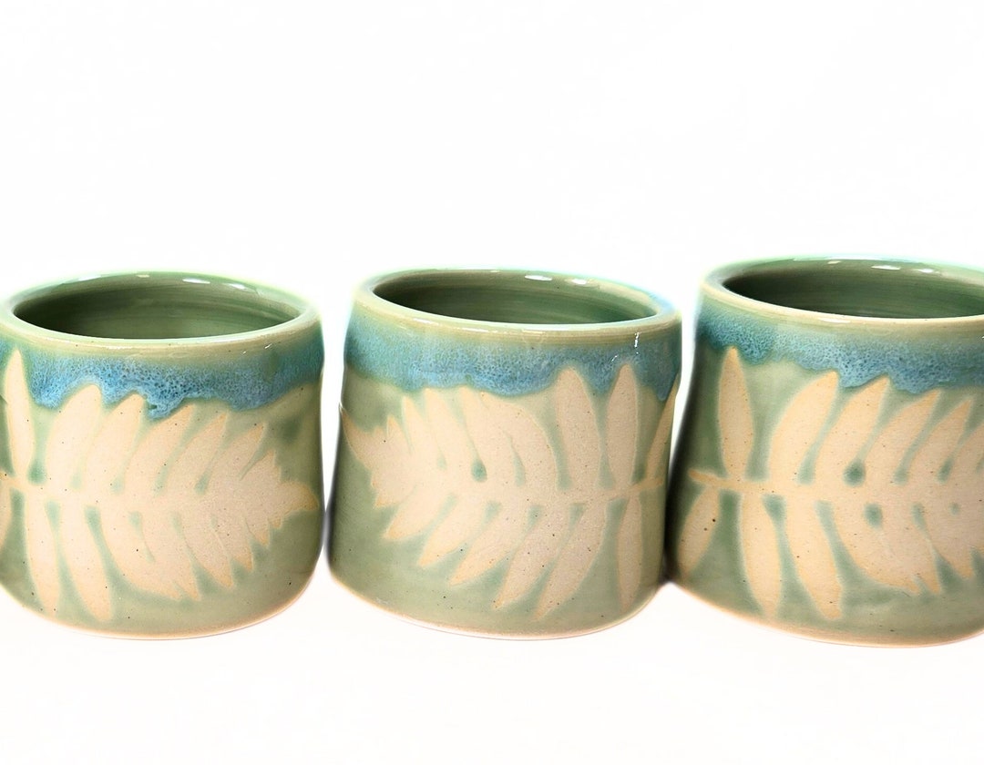 Pottery Cup "shot Glass" Green With Fern, Ceramic Cup, Ceramic Shot ...