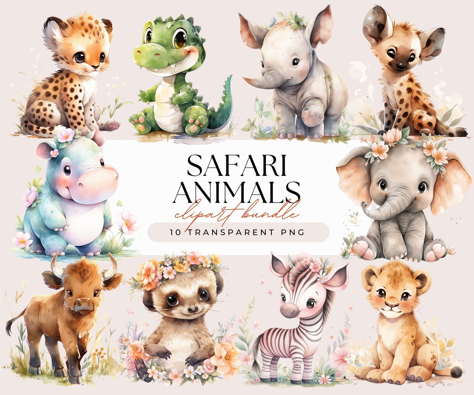 Safari Animals Clipart Bundle - Watercolor Kawaii Baby Animal Giraffe ...