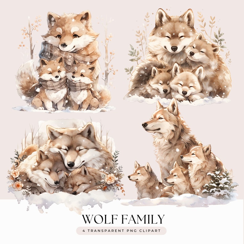 Wolf Family Clipart Bundle - Watercolor Woodland Wolf Family Portrait ...