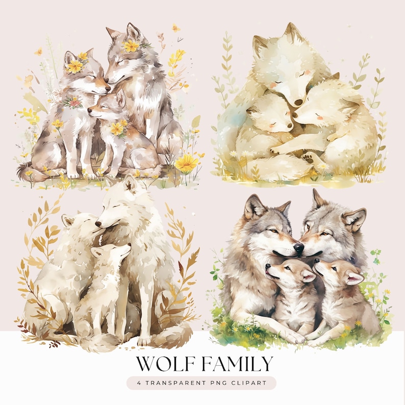 Cute Wolf Family Clipart Bundle - Watercolor Mama Papa Baby Wolf ...