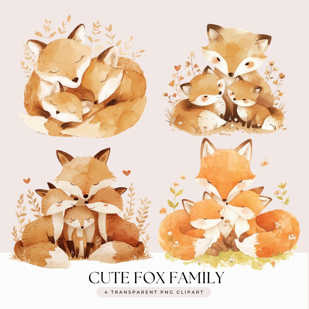 Cute Fox Family Clipart Bundle - Watercolor Mama Papa Baby Fox Nursery ...