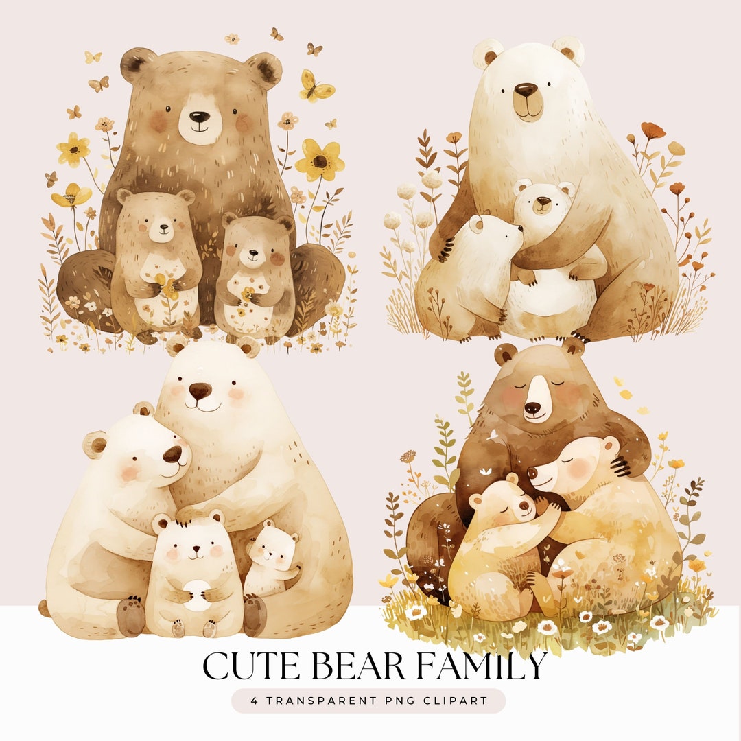 Cute Bear Family Clipart Bundle - Watercolor Mama Papa Baby Bear ...