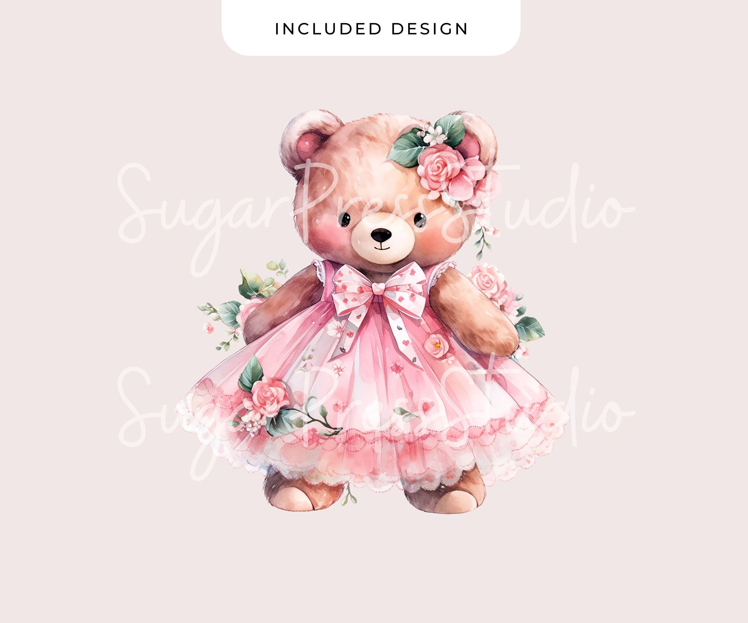 Teddy Bear in Pink Dress Clipart - Watercolor Kawaii Baby Bear Girl ...