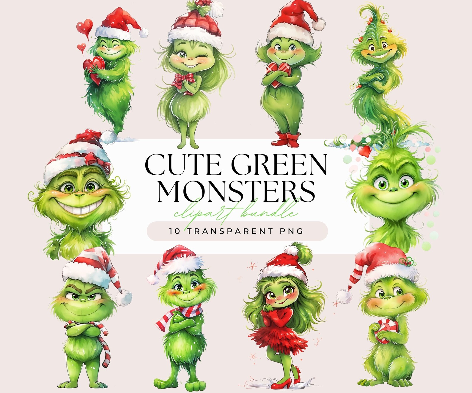 Cute Green Monster Clipart Bundle Watercolor Christmas Festive Green ...