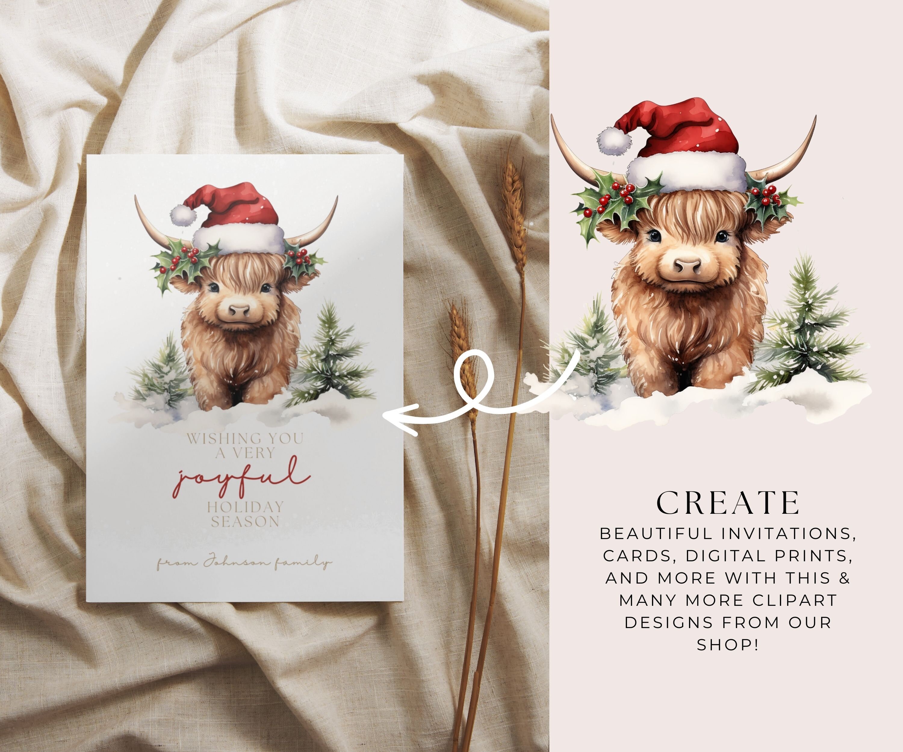 Christmas Highland Cow Clipart - Watercolor Baby Christmas Holiday Cow ...