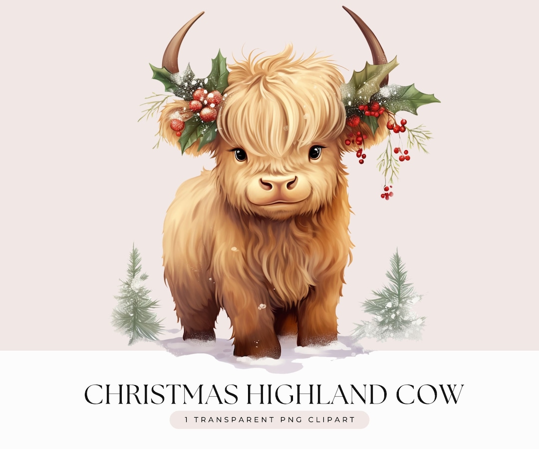 Christmas Highland Cow Clipart - Watercolor Baby Christmas Holiday Cow ...