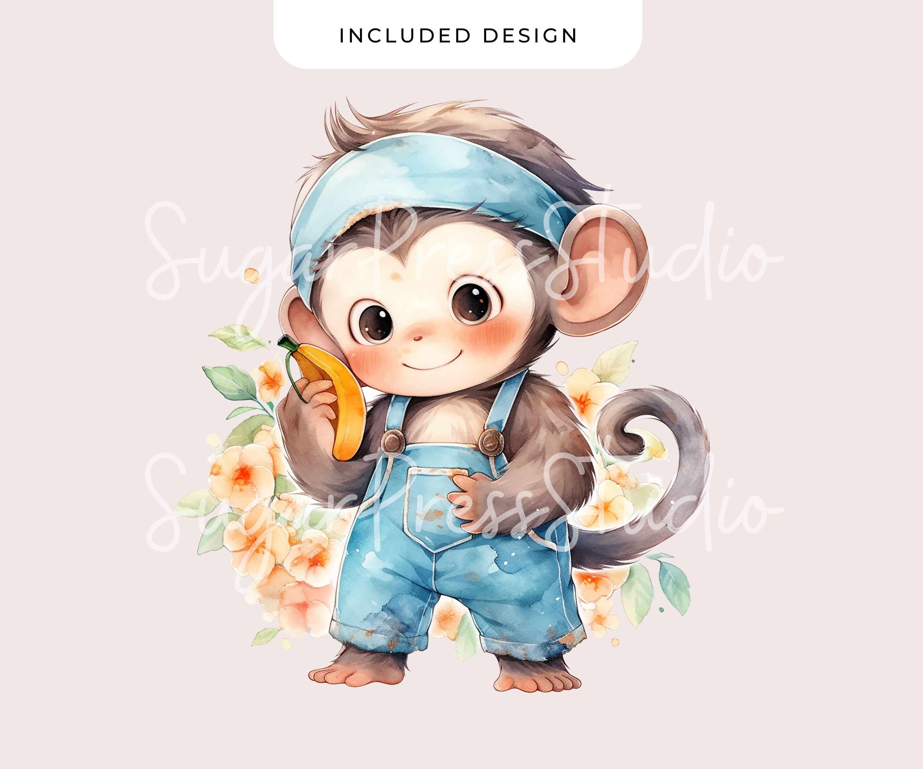 Baby Monkey in Overalls Clipart - Watercolor Kawaii Monkey Baby Shower ...