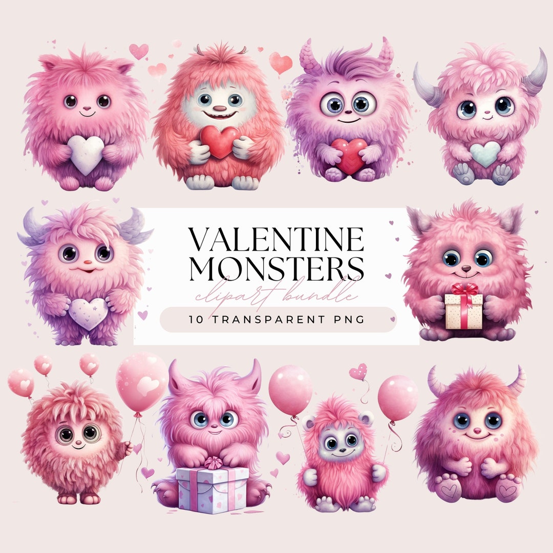 Pink Valentines Day Monsters Clipart - Watercolor Fluffy Love Monsters ...