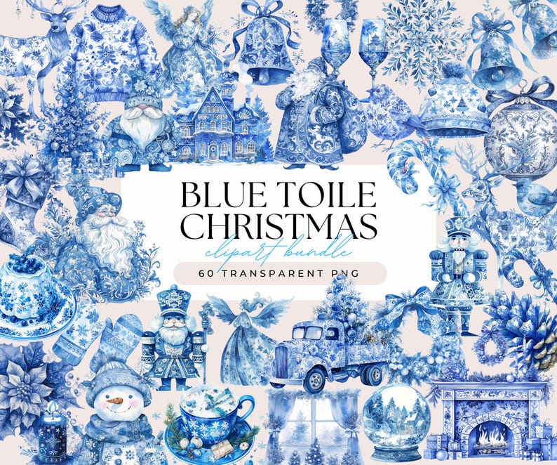 Blue Toile Christmas Clipart Bundle Watercolor Christmas Holiday ...