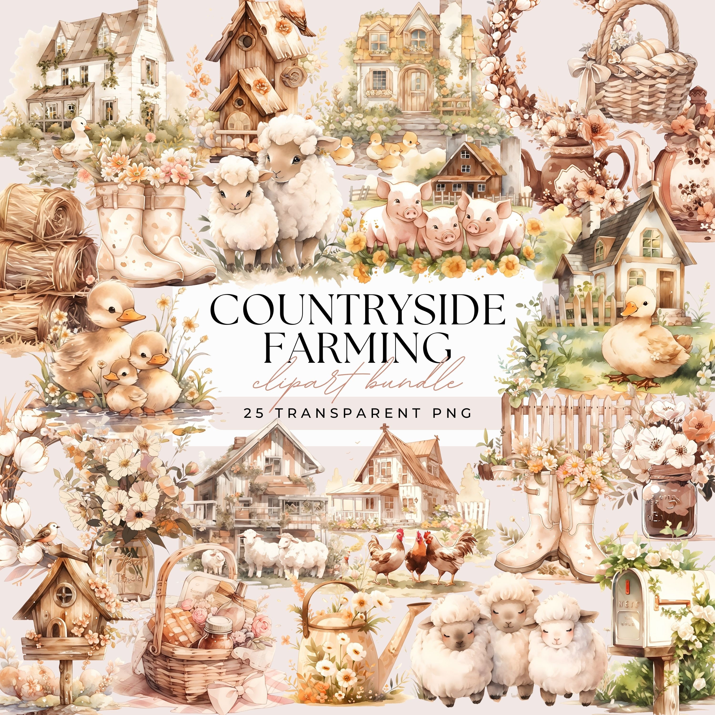 Countryside Farming Clipart Bundle - Watercolor Rustic Boho Farmhouse Easter Cottagecore Clipart ...