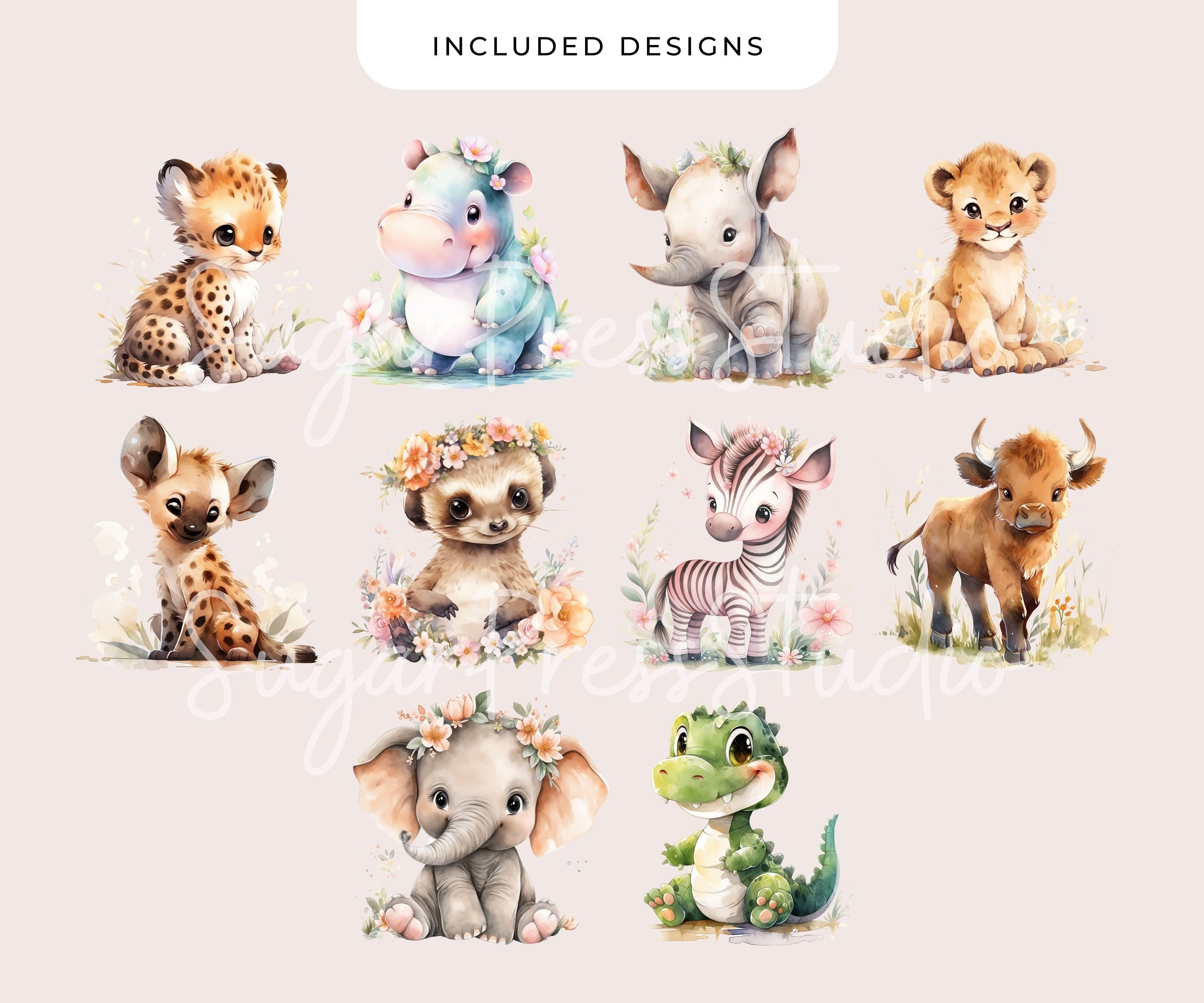 Safari Animals Clipart Bundle Watercolor Kawaii Baby Animal Giraffe ...