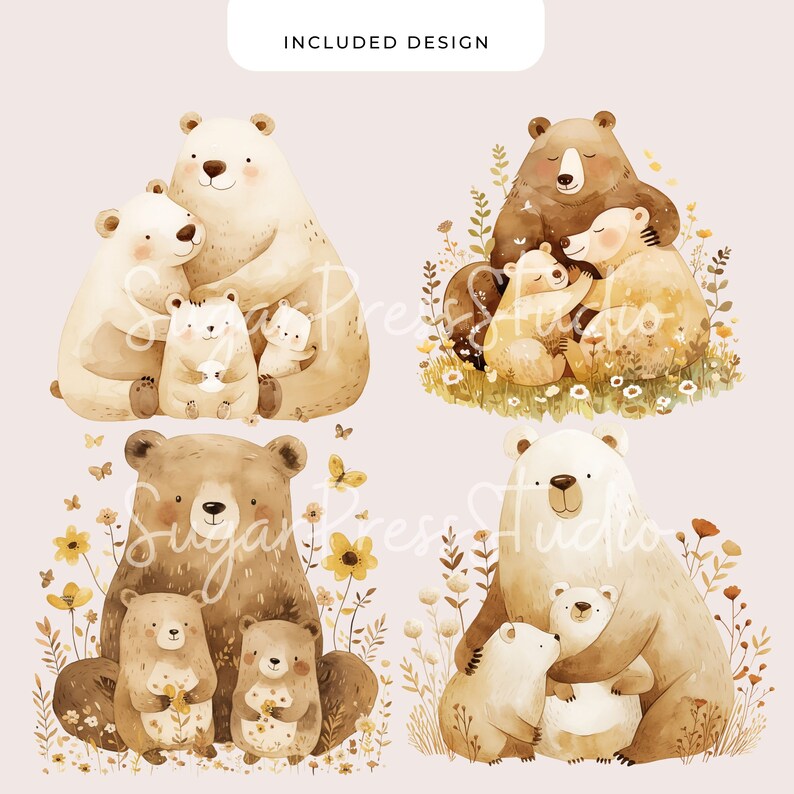 Cute Bear Family Clipart Bundle - Watercolor Mama Papa Baby Bear ...