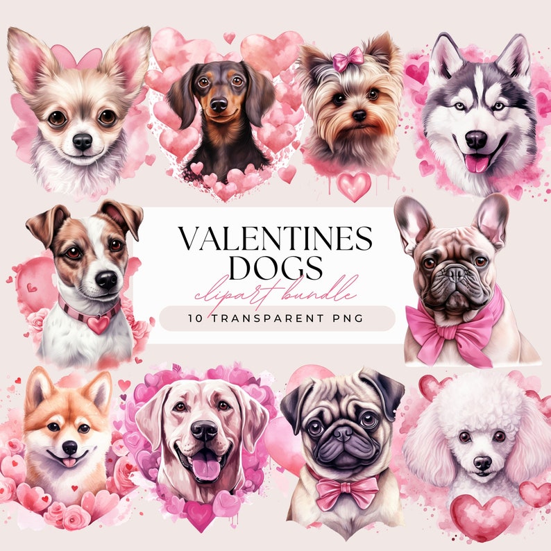 Valentine Dogs Day Clipart - Watercolor Valentines Yorkie Husky Jack ...