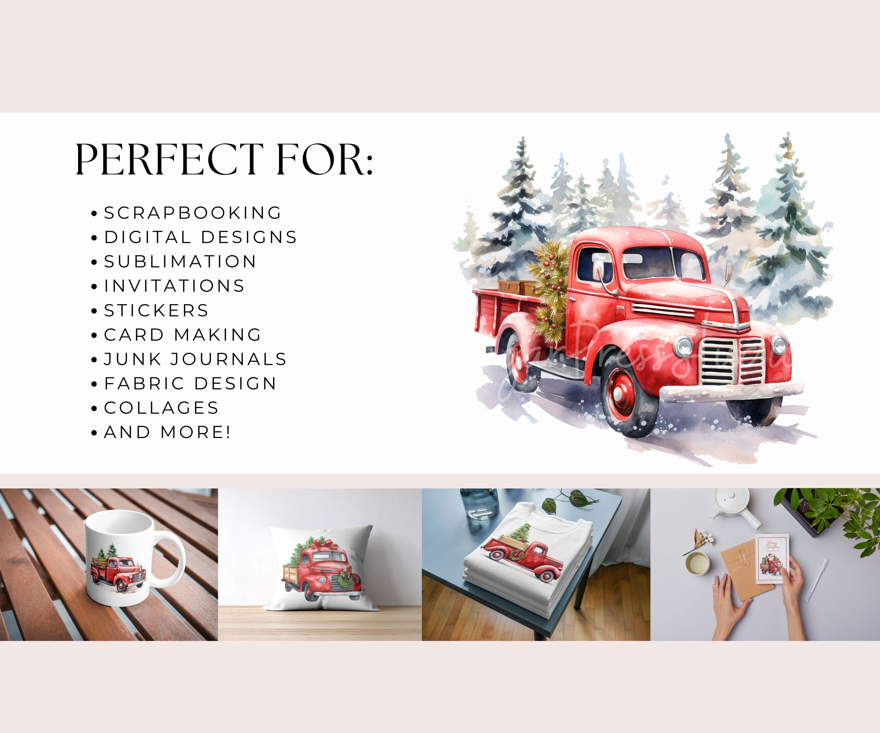 Red Christmas Truck Clipart - Watercolor Christmas Holiday Red Truck ...