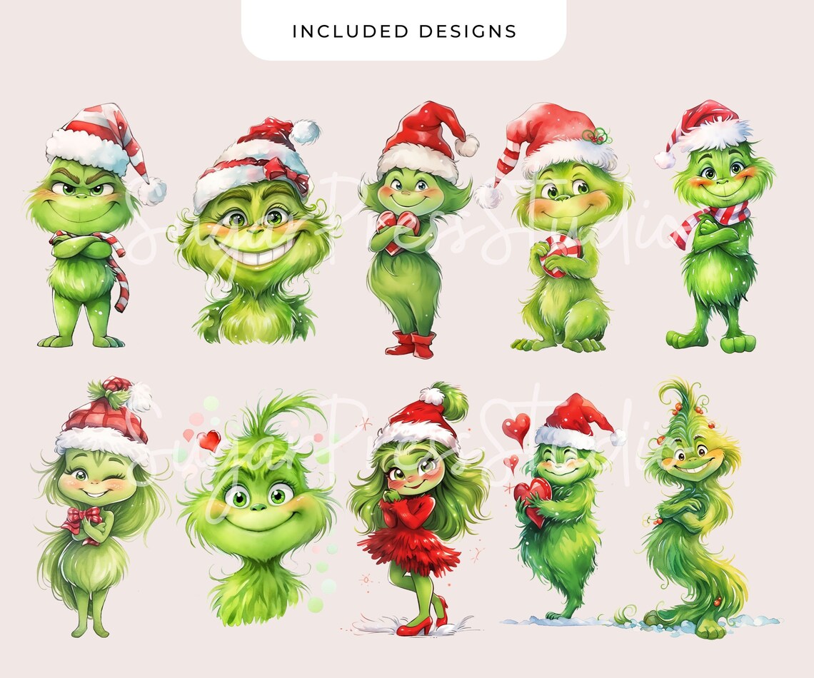 Cute Green Monster Clipart Bundle Watercolor Christmas Festive Green ...
