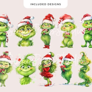 Cute Green Monster Clipart Bundle - Watercolor Christmas Festive Green ...
