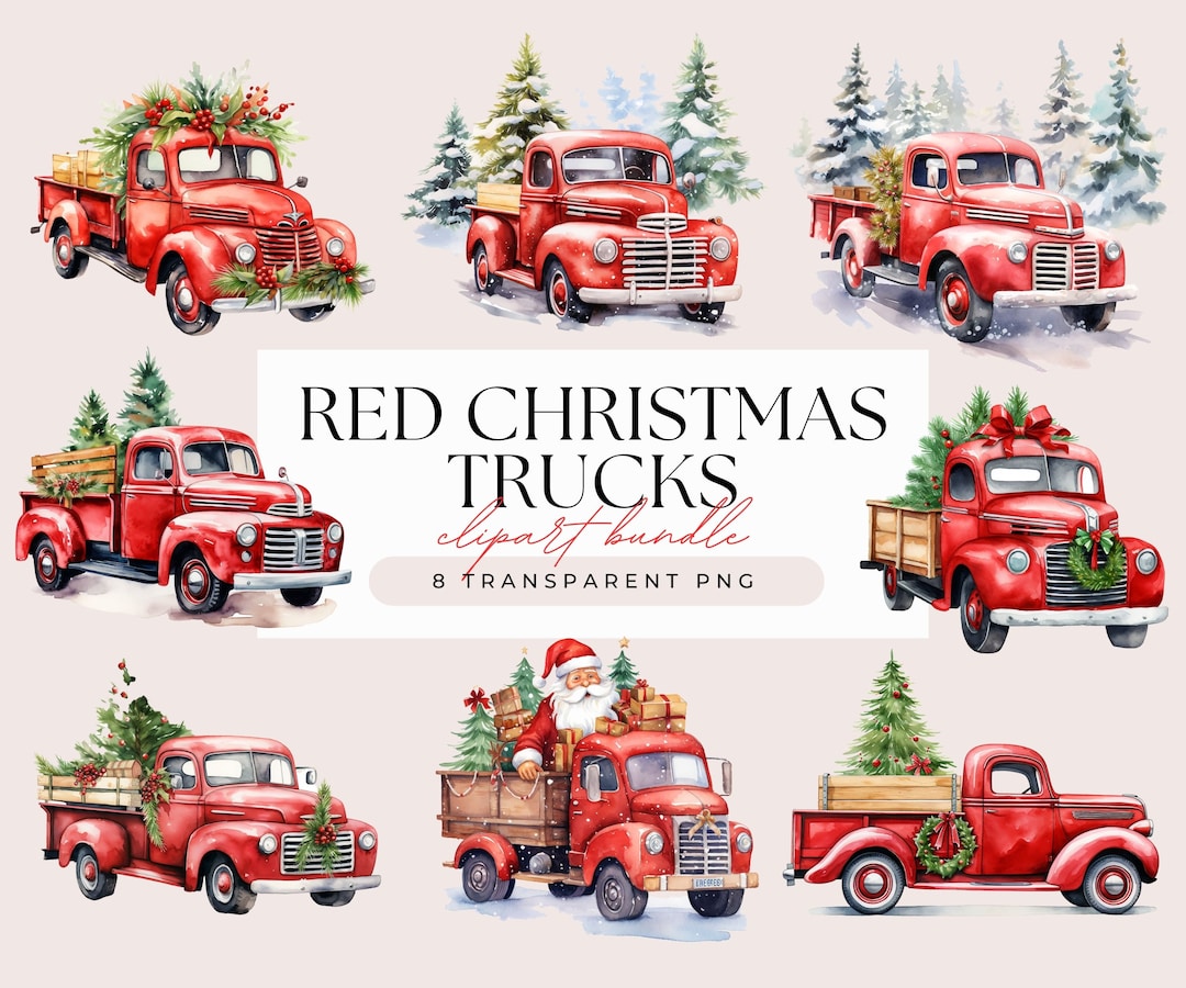 Red Christmas Truck Clipart - Watercolor Christmas Holiday Red Truck ...