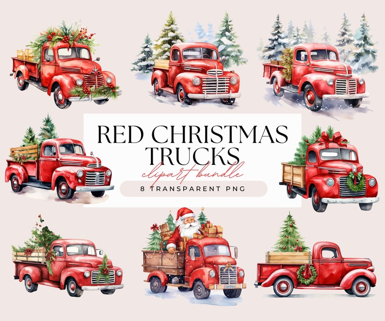 Red Christmas Truck Clipart - Watercolor Christmas Holiday Red Truck ...