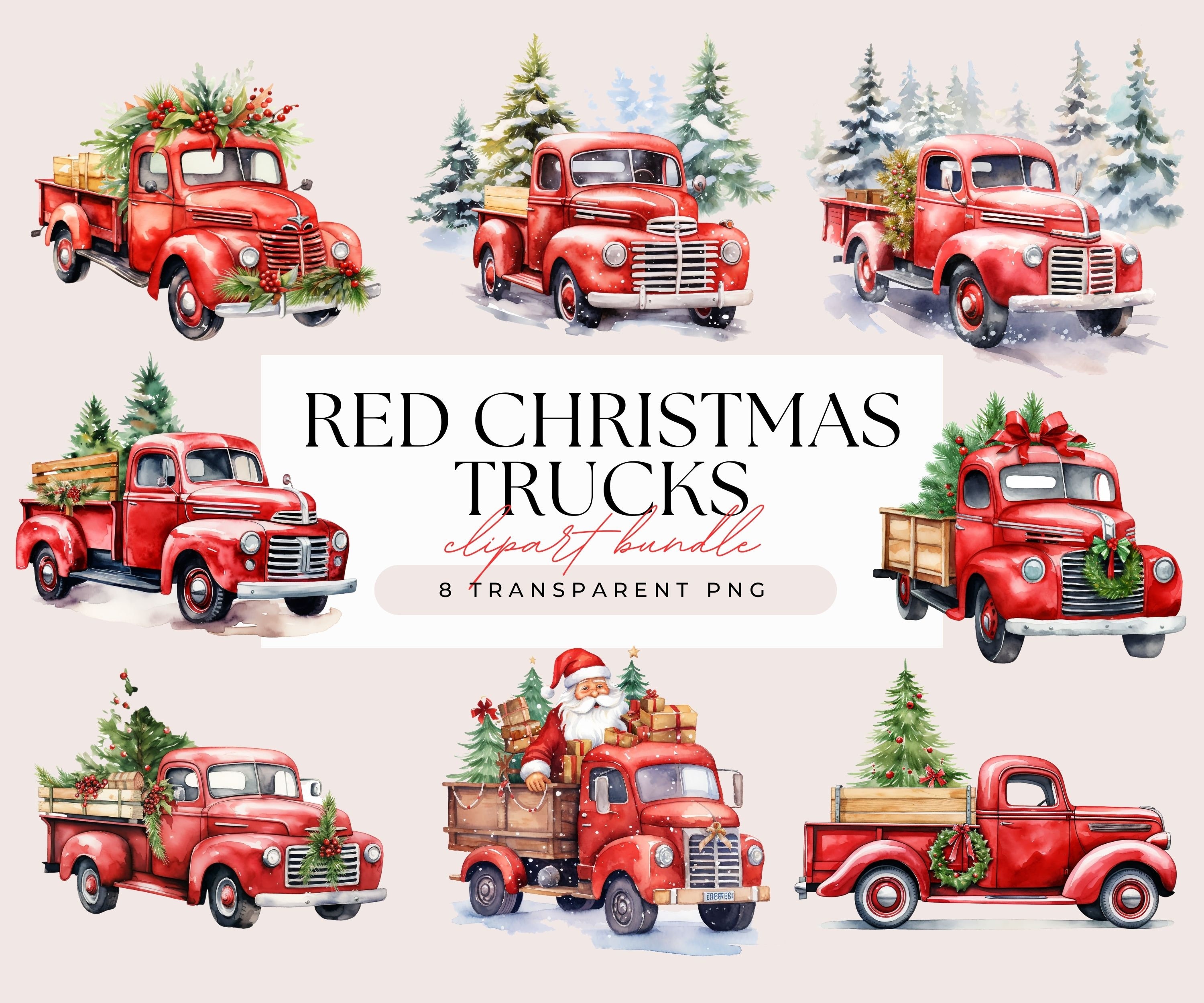 Red Christmas Truck Clipart - Watercolor Christmas Holiday Red Truck ...