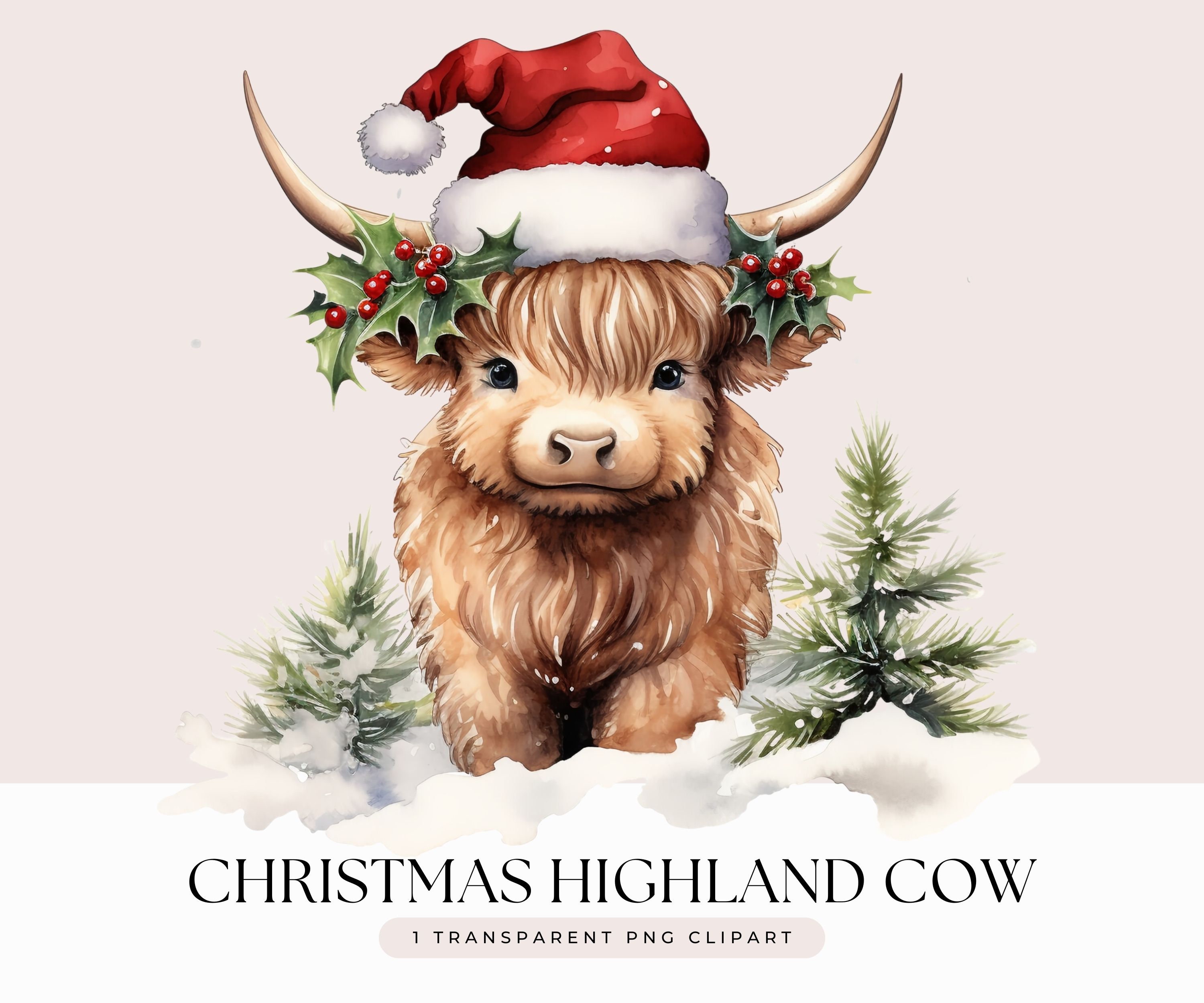 Christmas Highland Cow Clipart - Watercolor Baby Christmas Holiday Cow ...