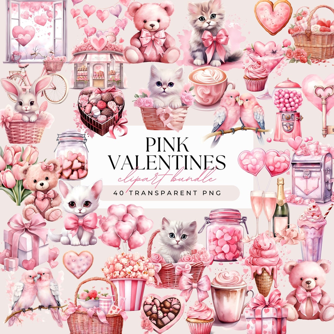 Pink Valentines Day Clipart - Watercolor Valentines Teddy Chocolate Cat ...