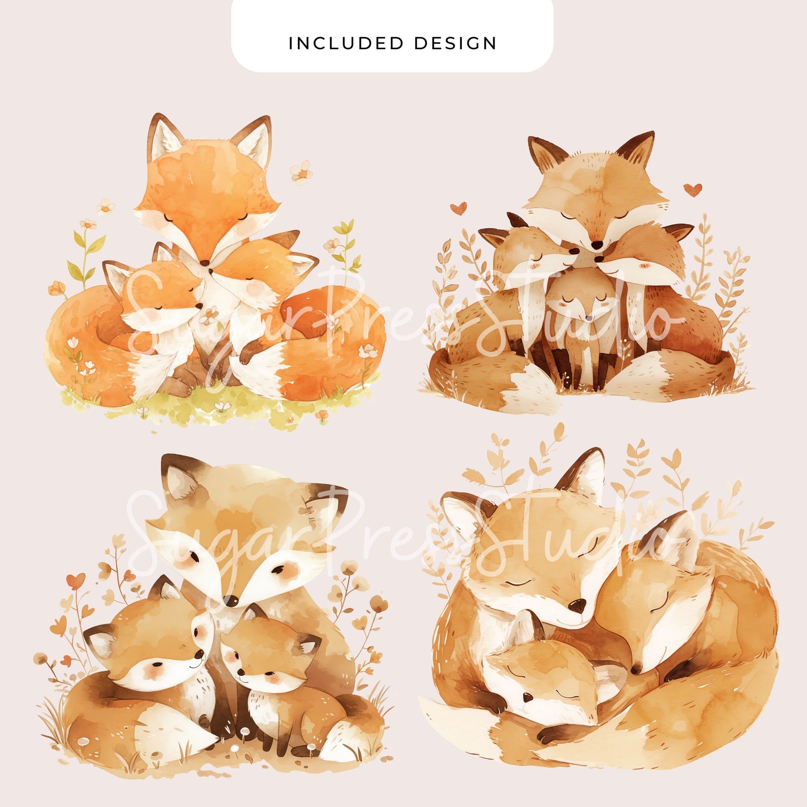 Cute Fox Family Clipart Bundle - Watercolor Mama Papa Baby Fox Nursery ...