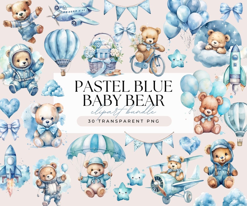 Baby Teddy Bear - Watercolor Bear Pastel Blue Baby Shower Nursery Decor for Boys Clipart Bundle ...