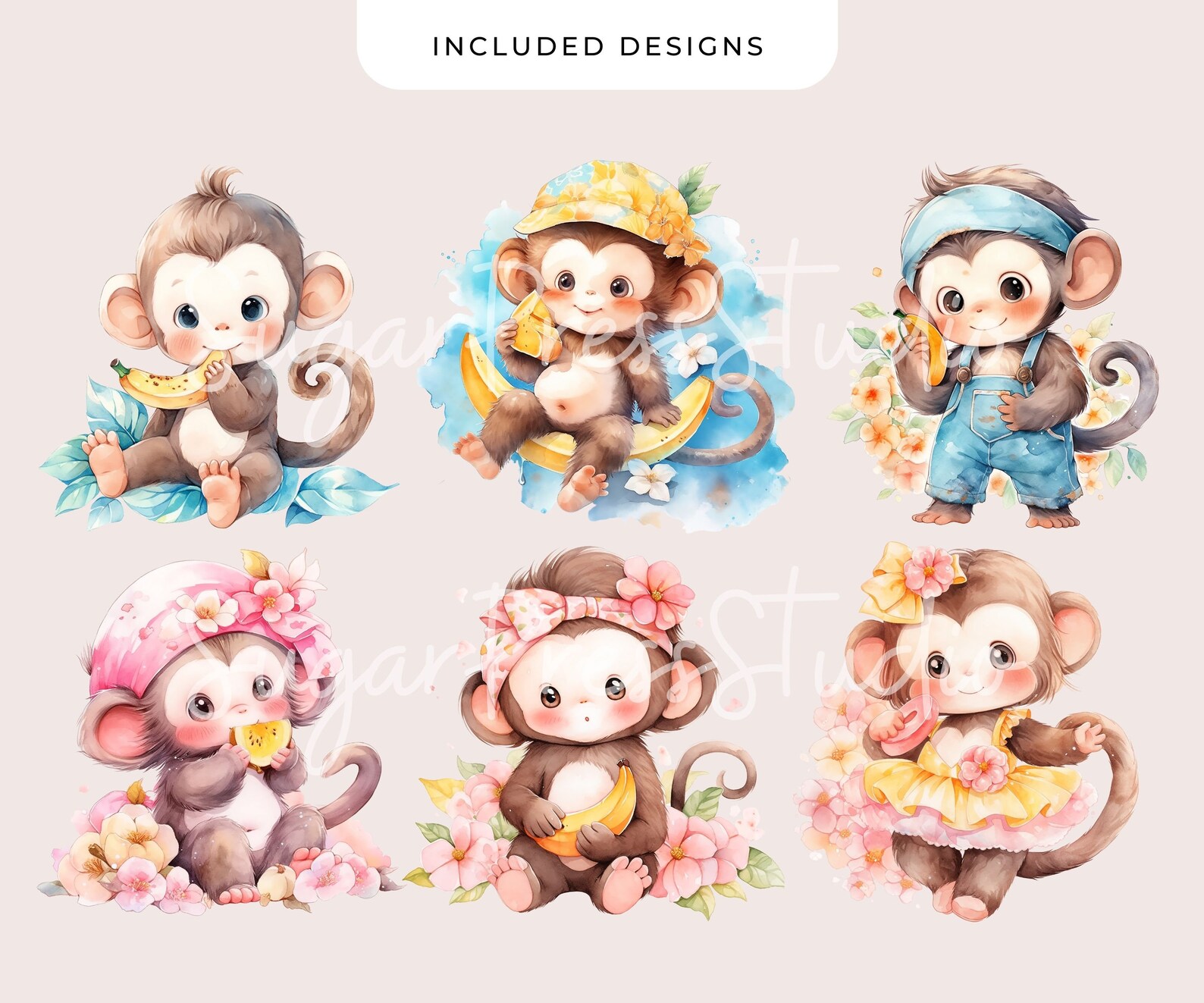 Cute Baby Monkeys Clipart - Watercolor Kawaii Baby Monkey Boy Girl Baby ...