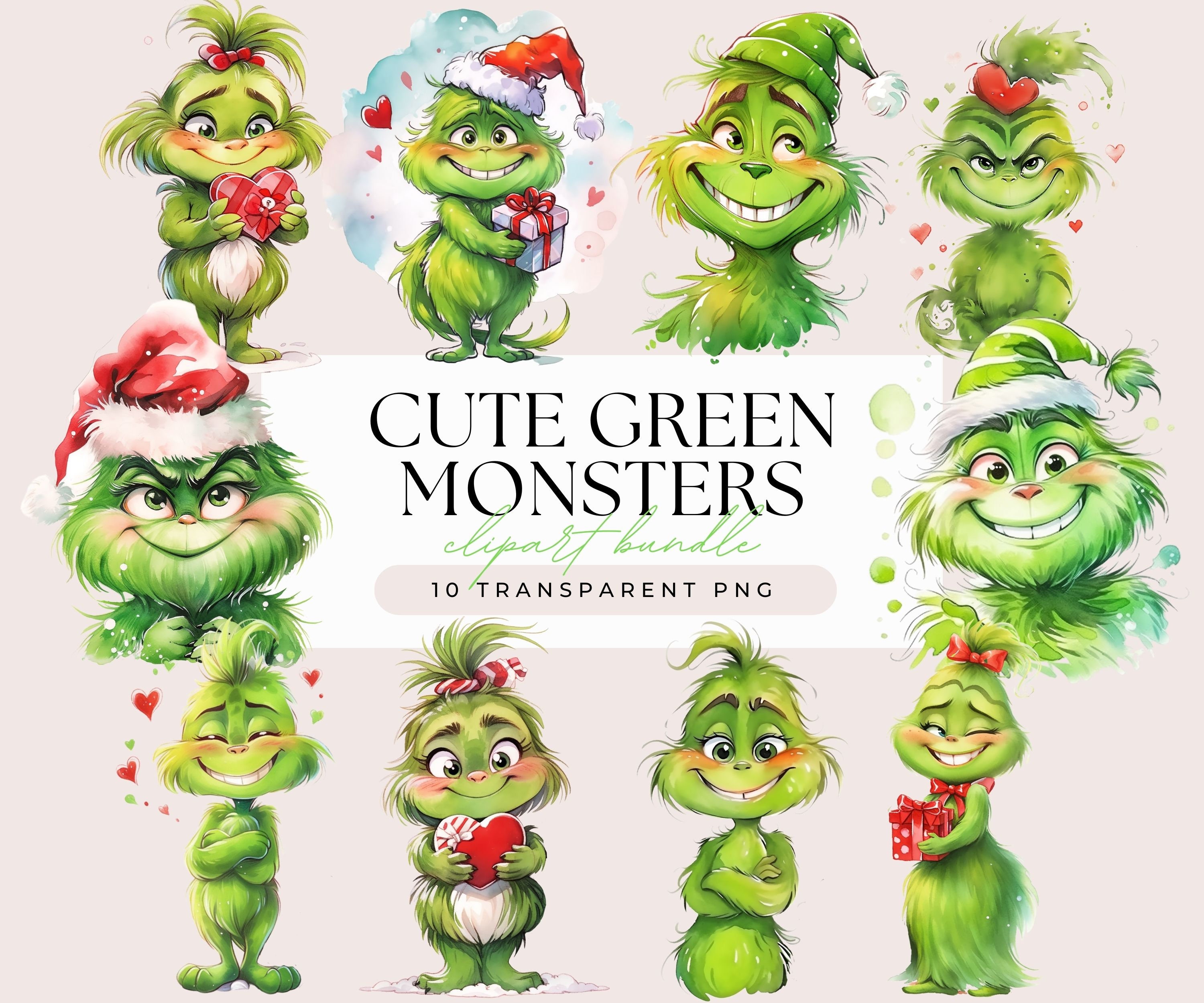 Cute Green Monster Clipart Bundle Watercolor Christmas Festive Green ...