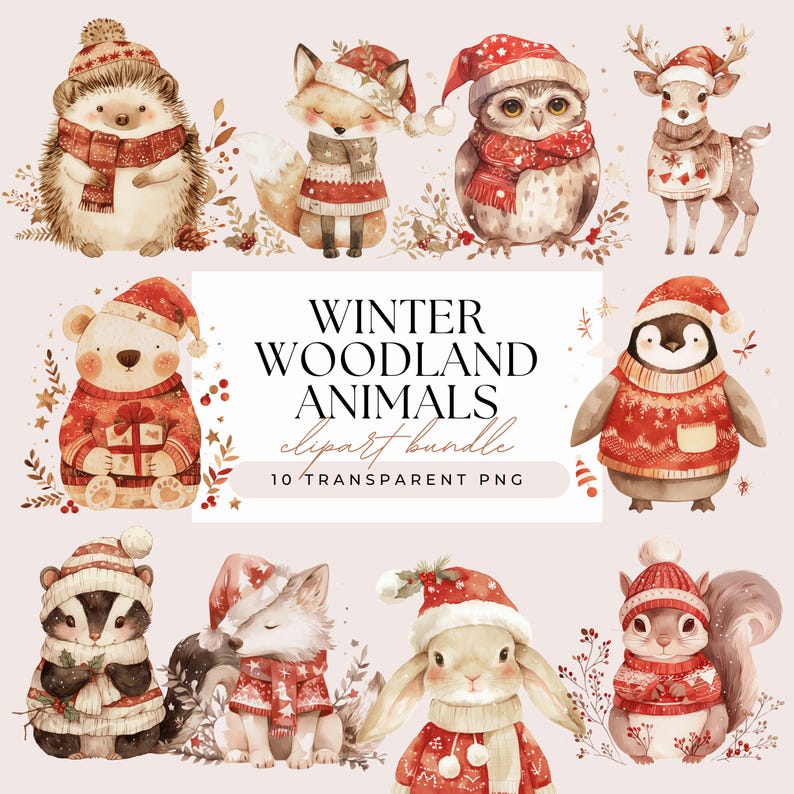 Christmas Woodland Animals Clipart Bundle, Watercolor Christmas Forest ...