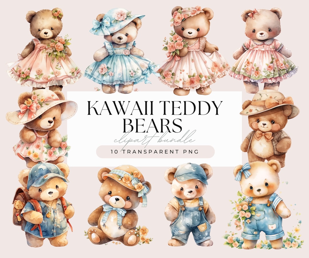 Kawaii Teddy Bears Clipart Bundle - Watercolor Cute Baby Bear Girl Boy ...