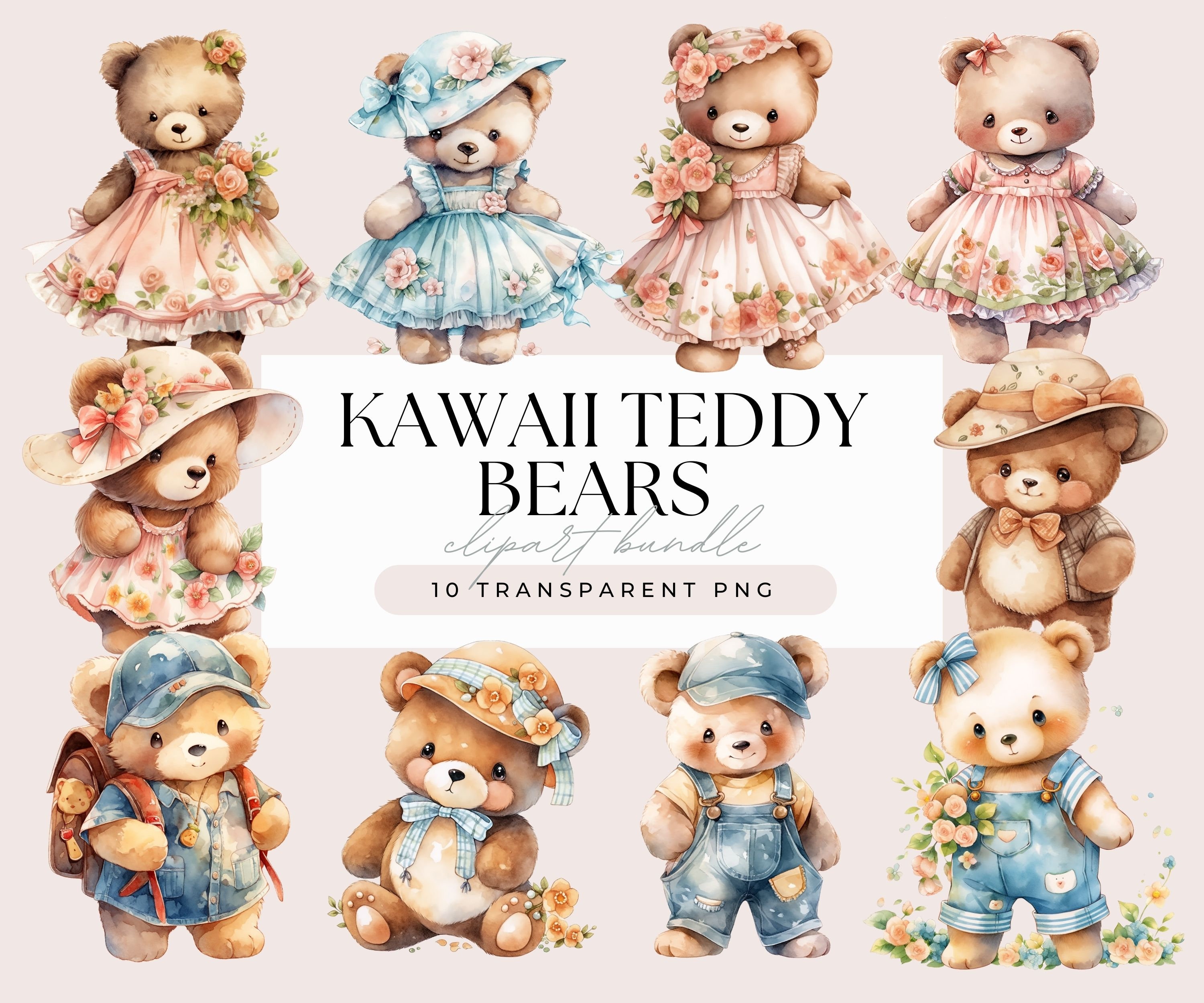 Kawaii Teddy Bears Clipart Bundle Watercolor Cute Baby Bear Girl Boy ...