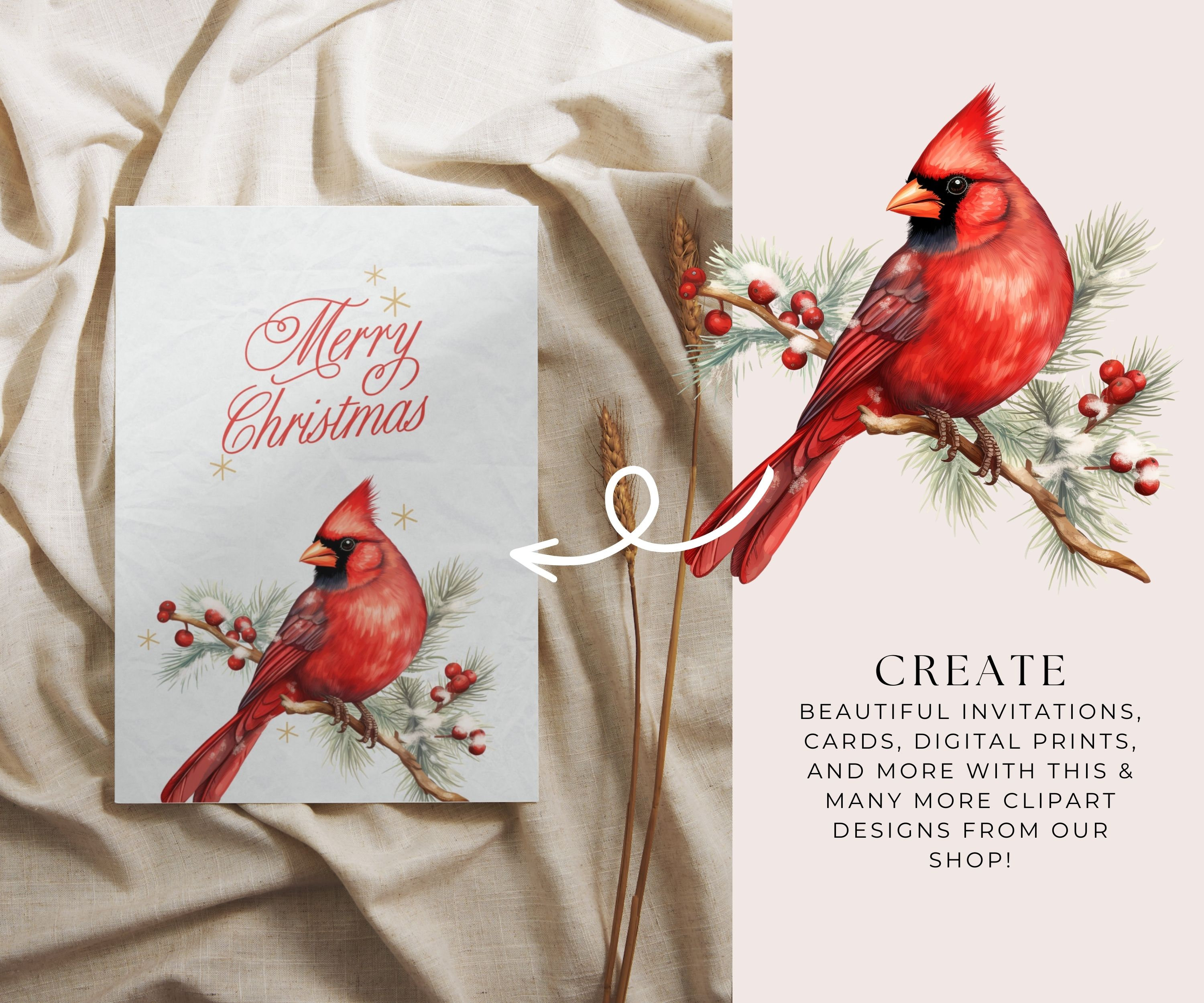 Red Cardinal Clipart - Watercolor Christmas Holiday Red Cardinal Bird ...