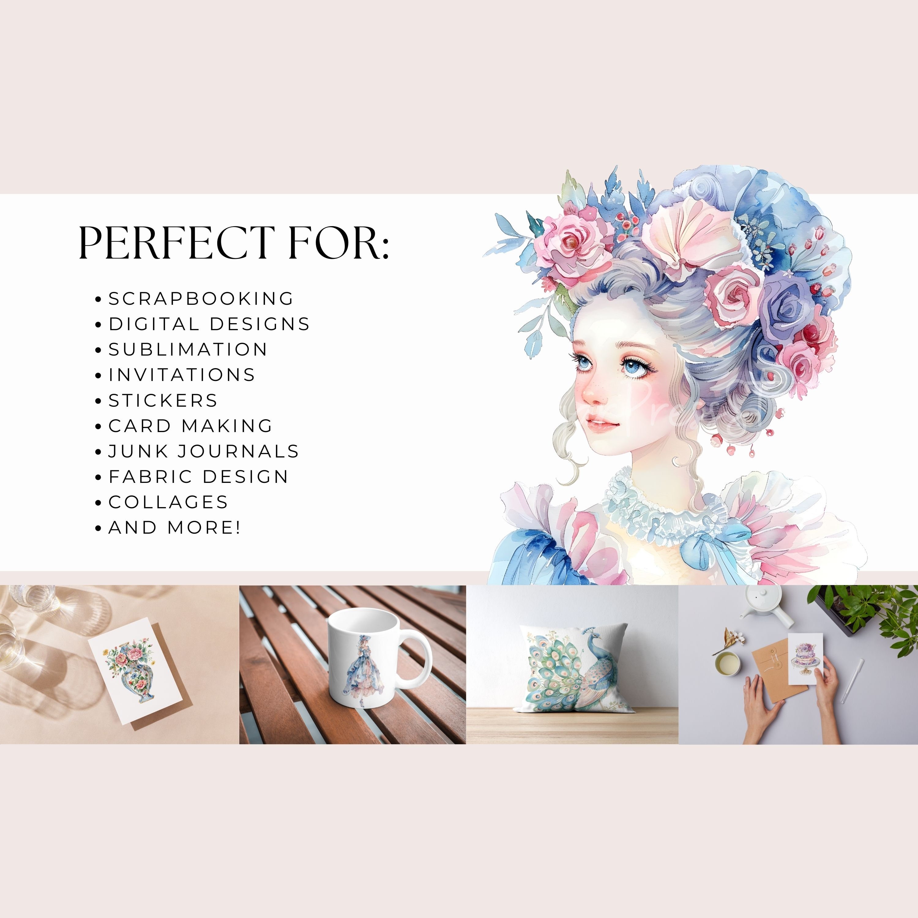 Marie Antoinette Clipart Bundle - Watercolor Pastel Rococo Baroque ...
