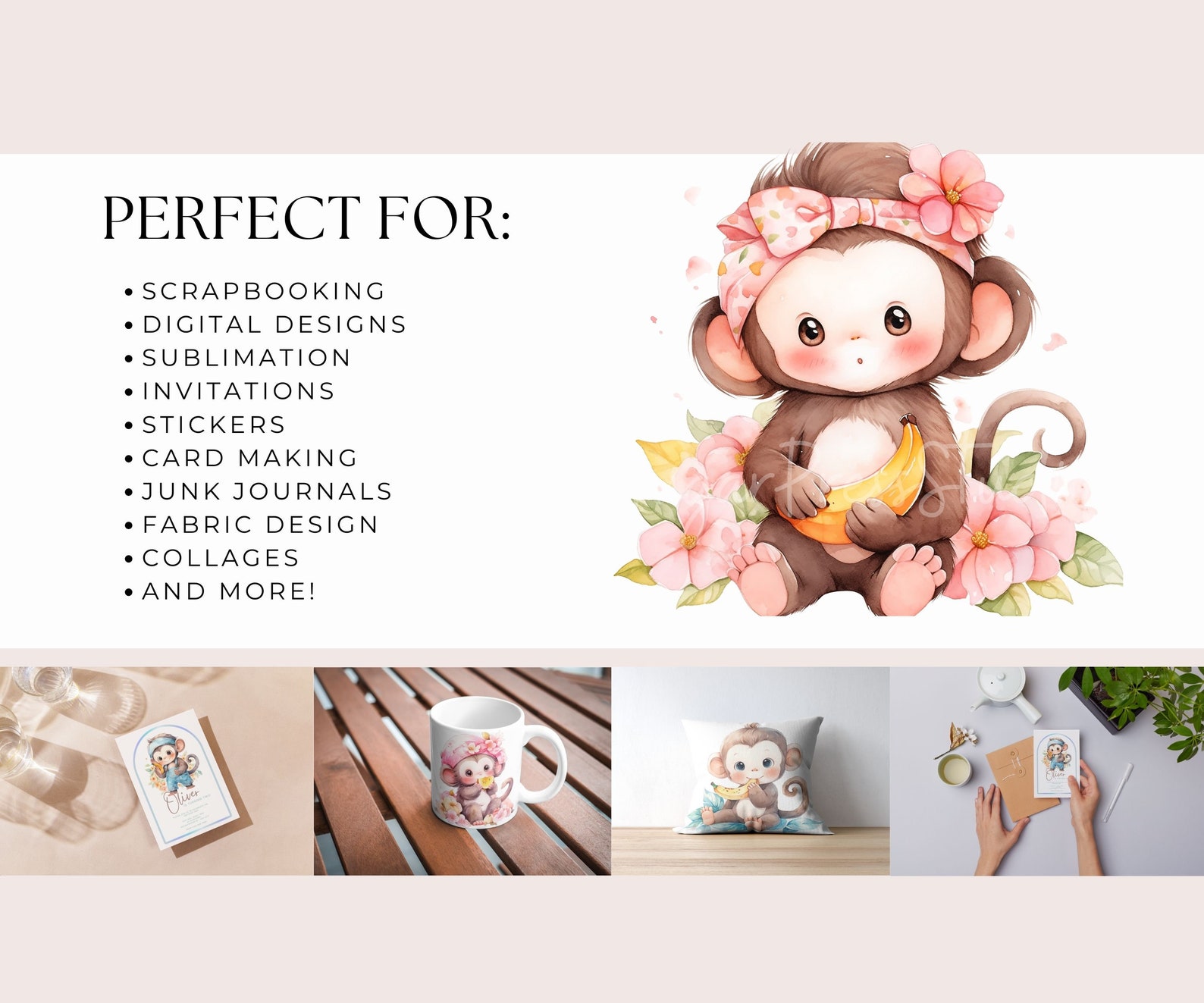 Cute Baby Monkeys Clipart - Watercolor Kawaii Baby Monkey Boy Girl Baby ...