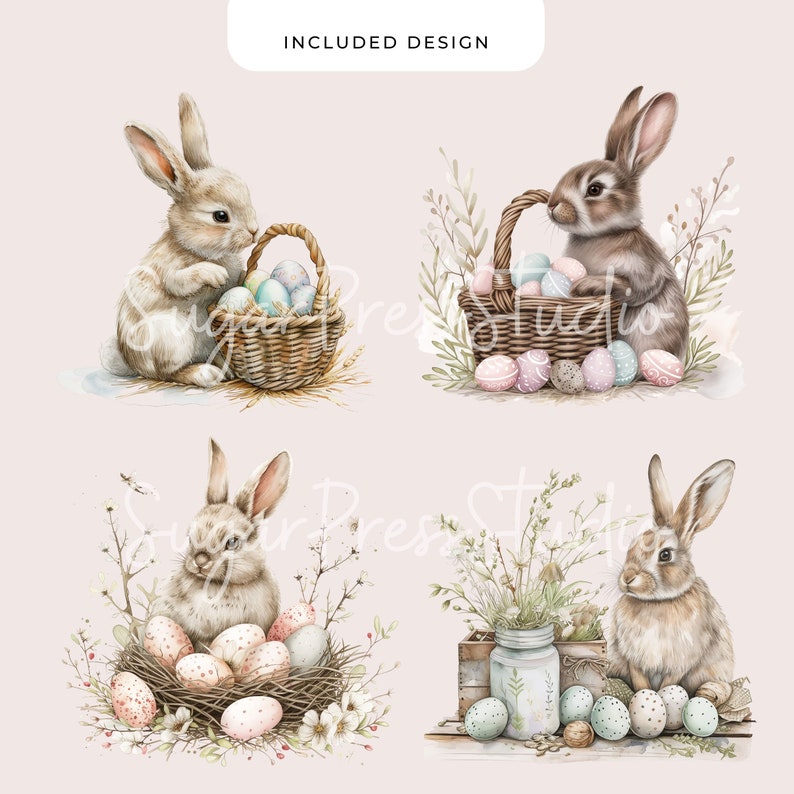 Chic Easter Bunnies Clipart Bundle - Beige Shabby Chic Watercolor ...