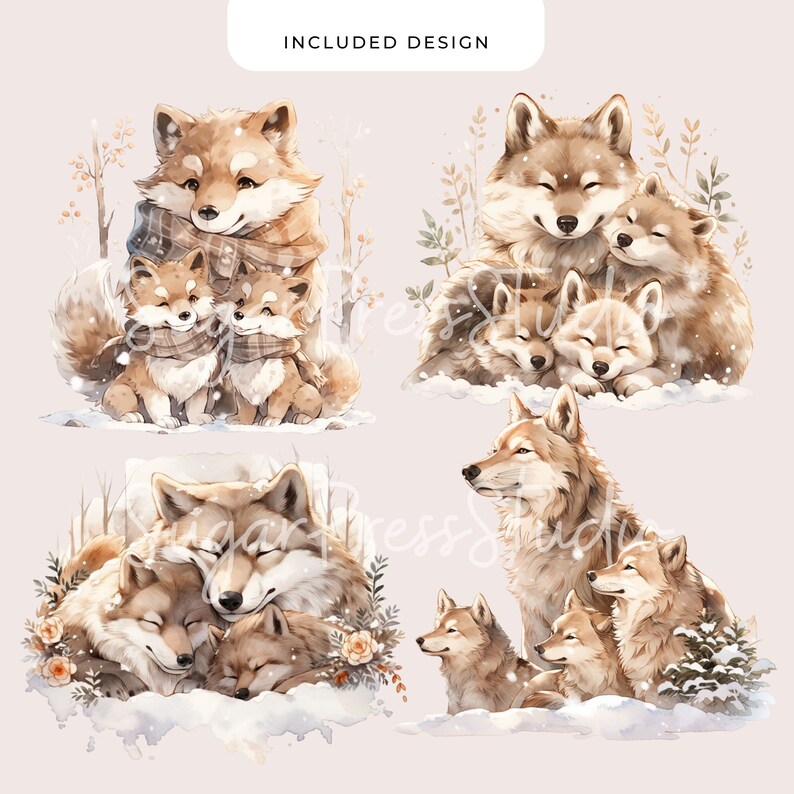 Wolf Family Clipart Bundle - Watercolor Woodland Wolf Family Portrait ...