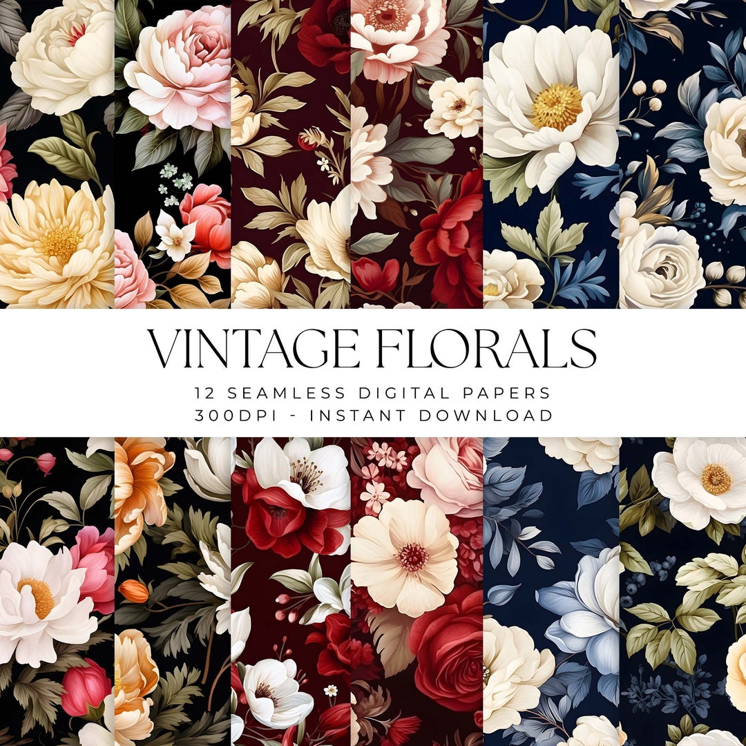 Dark Vintage Flowers Digital Paper Pattern, Watercolor Shabby Chic ...