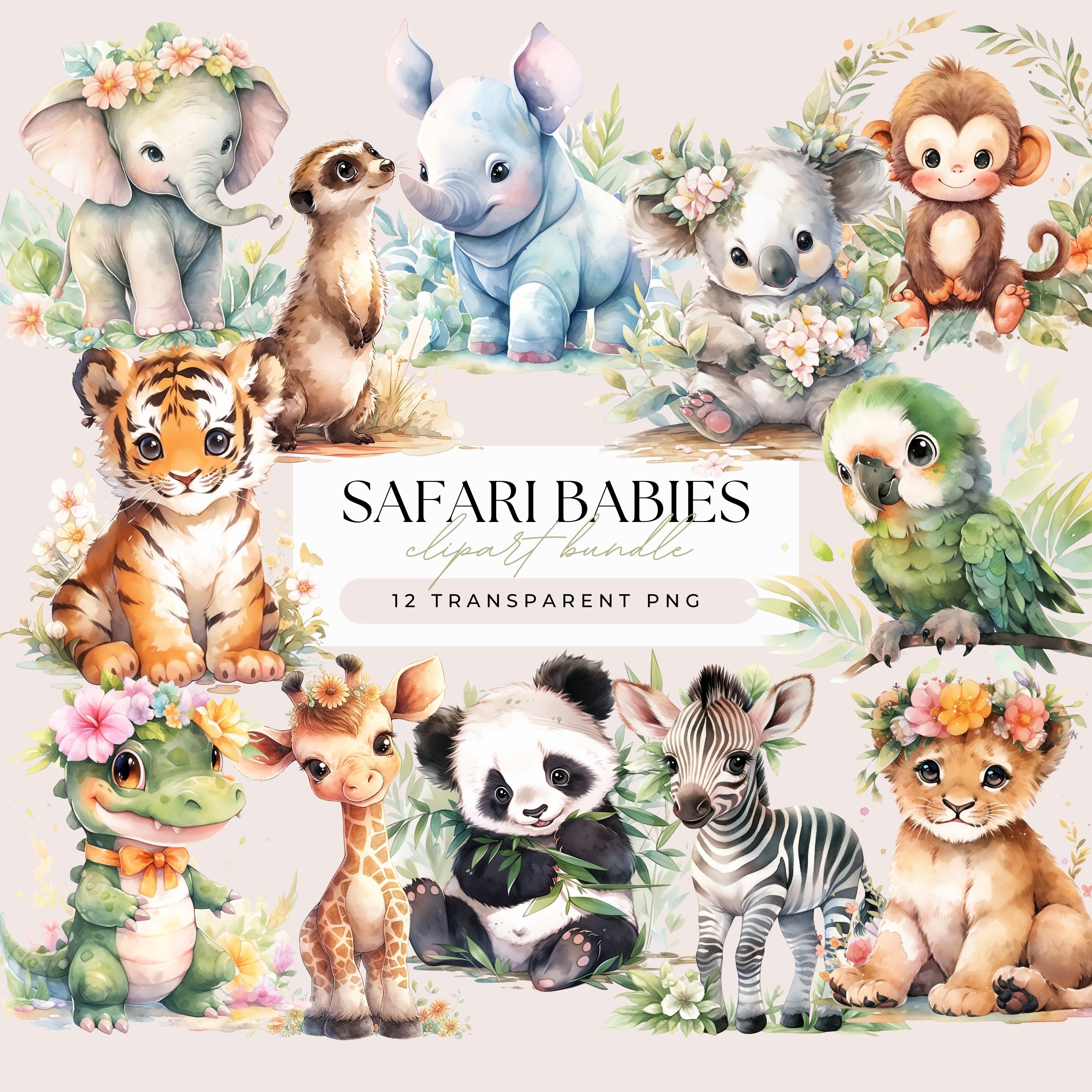 Safari Baby Animals Clipart Bundle - Cute Watercolor Safari Jungle ...