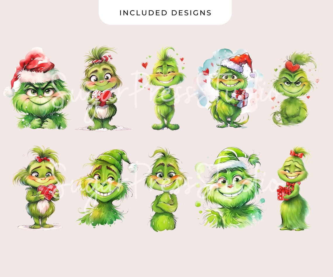 Cute Green Monster Clipart Bundle Watercolor Christmas Festive Green ...