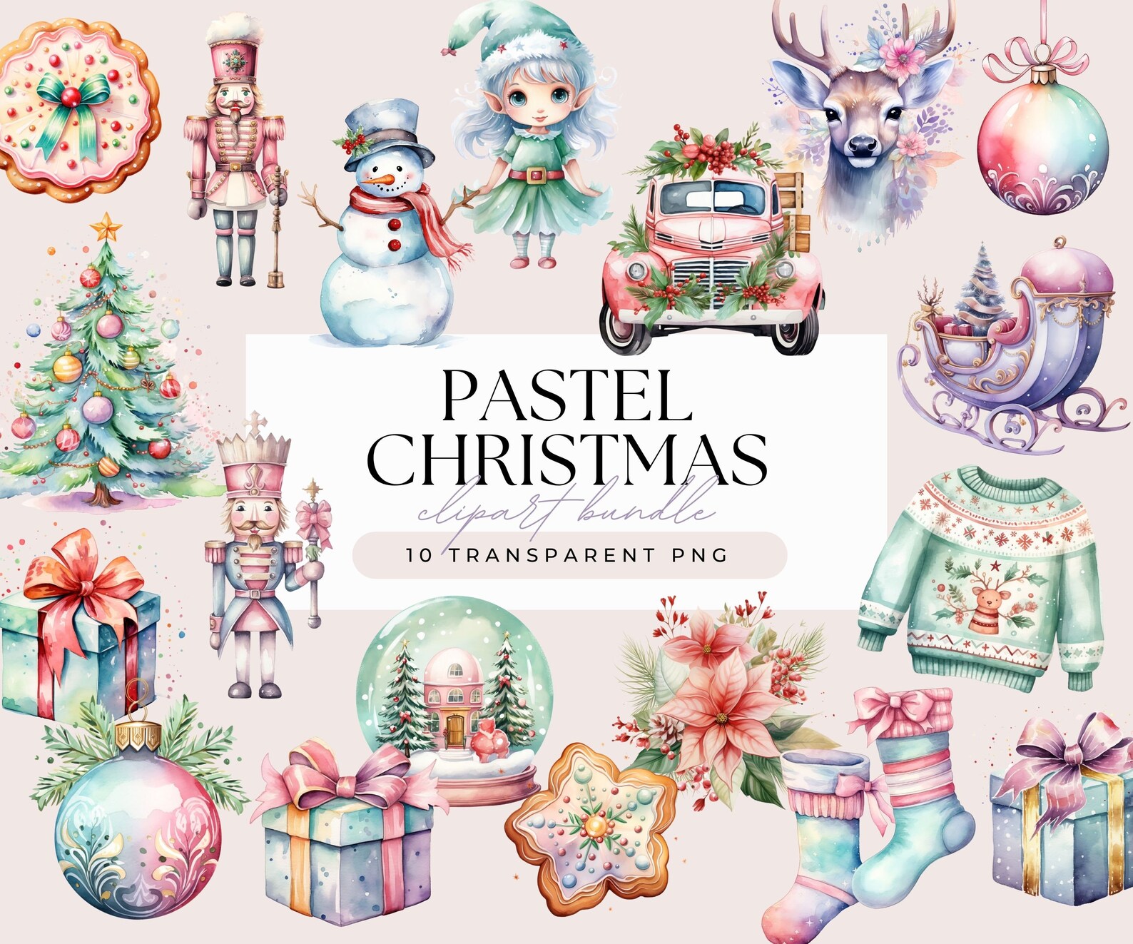Pastel Christmas Clipart Bundle Watercolor Christmas Holiday - Etsy