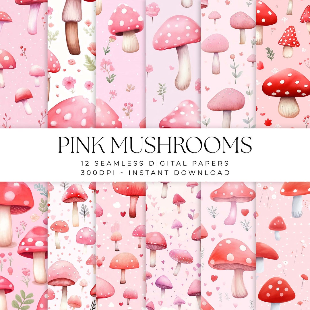 Pink Mushrooms Digital Paper Pattern, Watercolor Valentines Groovy ...