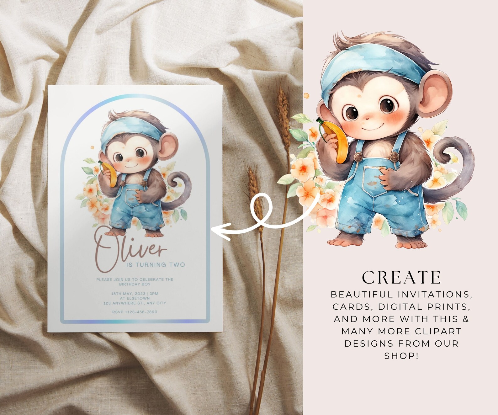 Baby Monkey in Overalls Clipart - Watercolor Kawaii Monkey Baby Shower ...