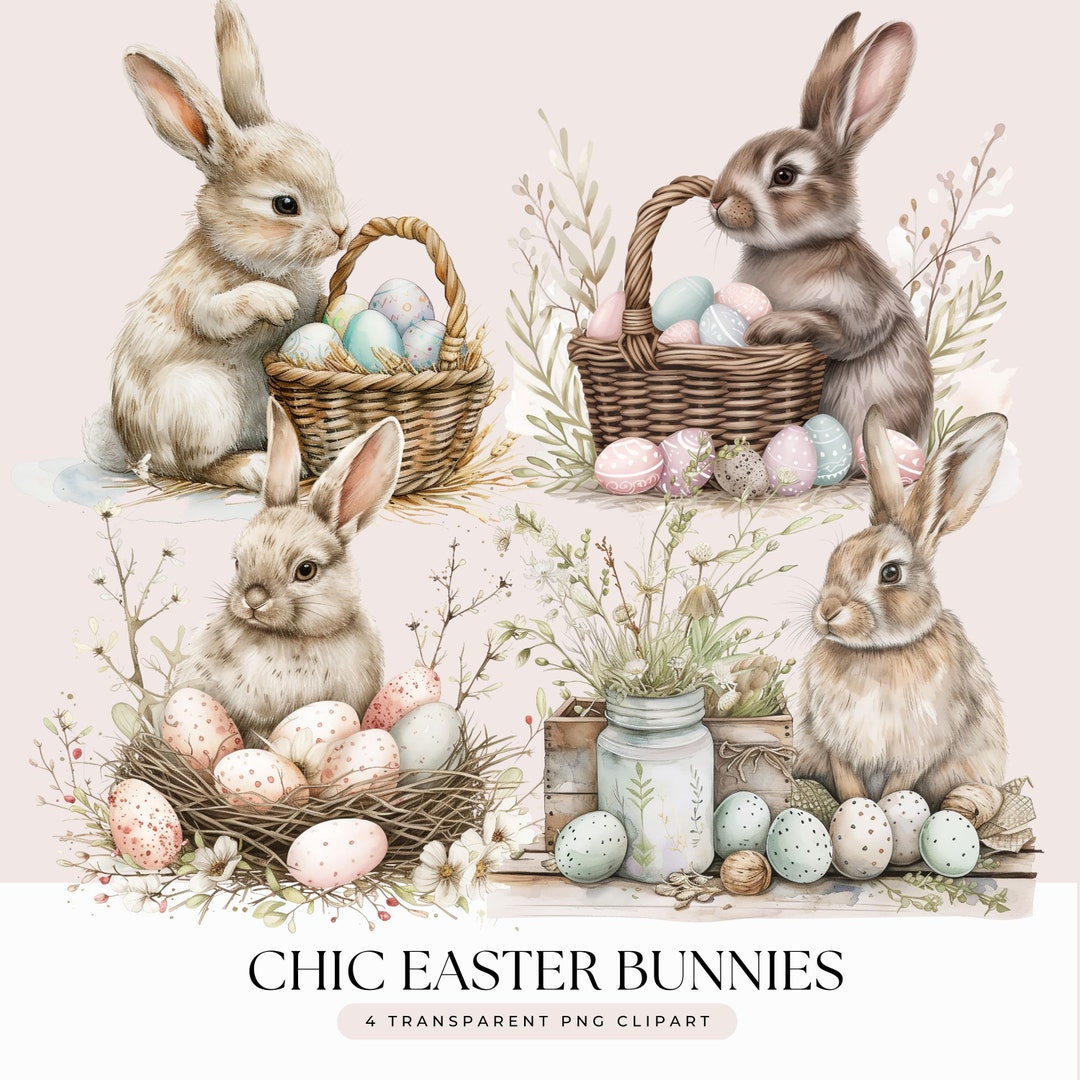 Chic Easter Bunnies Clipart Bundle - Beige Shabby Chic Watercolor ...
