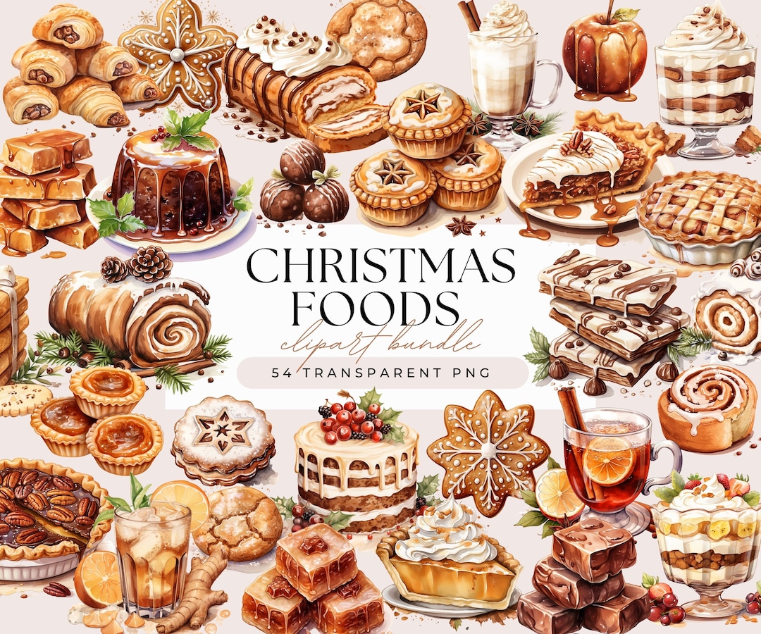 Christmas Foods Clipart Bundle - Watercolor Rustic Boho Christmas Food ...